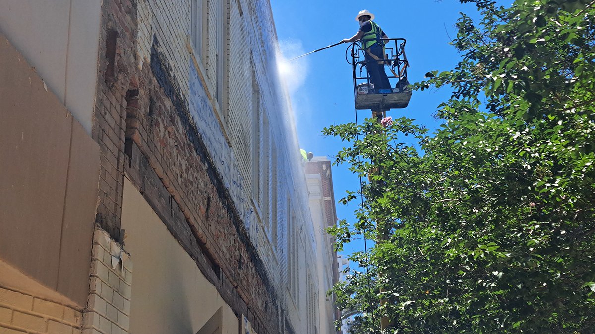 Exterior Cleaning Begins on F.W. Woolworth’s Historic Façade
